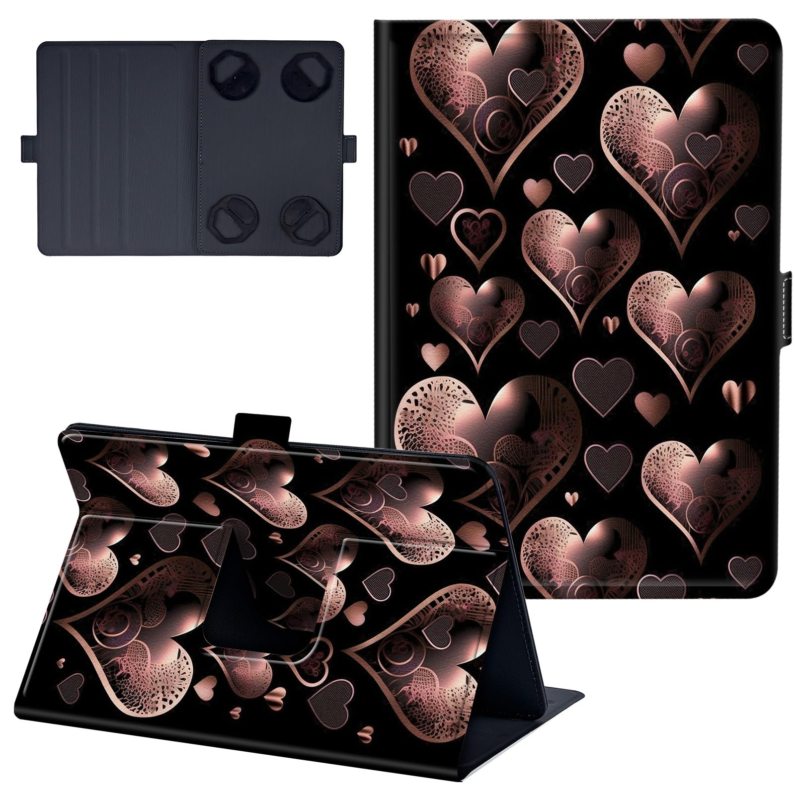 Universal Case for 9-10.5 inch Tablet, Leather Stand Protective Case Cover for 9.7" 10.1" 10.5" Tablet with Adjustable Fixing Silicon Band, Pink Heart