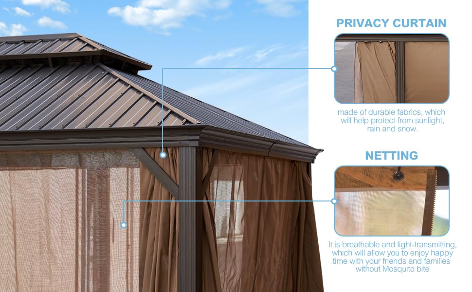 RITSU 12'*12' Gazebo, Permanent Hardtop Outdoor Gazebo, Aluminum Gazebo with Steel Canopy, Removable Mosquito Netting on All Sides, for Patio, Garden, Backyard, Bronze