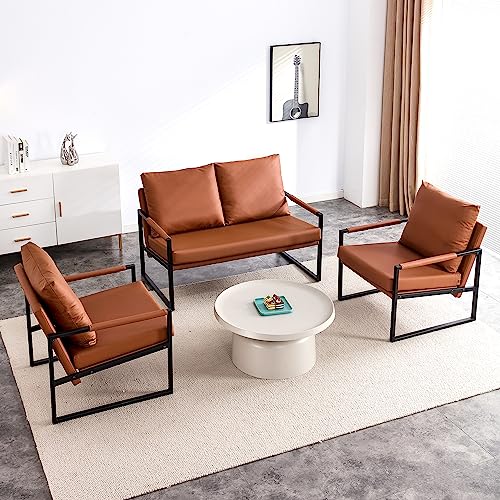 FANYE Modern Upholstered 2 Seaters Soft Love, Accent Deep Seat Loveseat Double Sofa & Couch for Home Office Apartment Small Space Living Room Furniture Set Sectional, Brown PU Leather 48" W