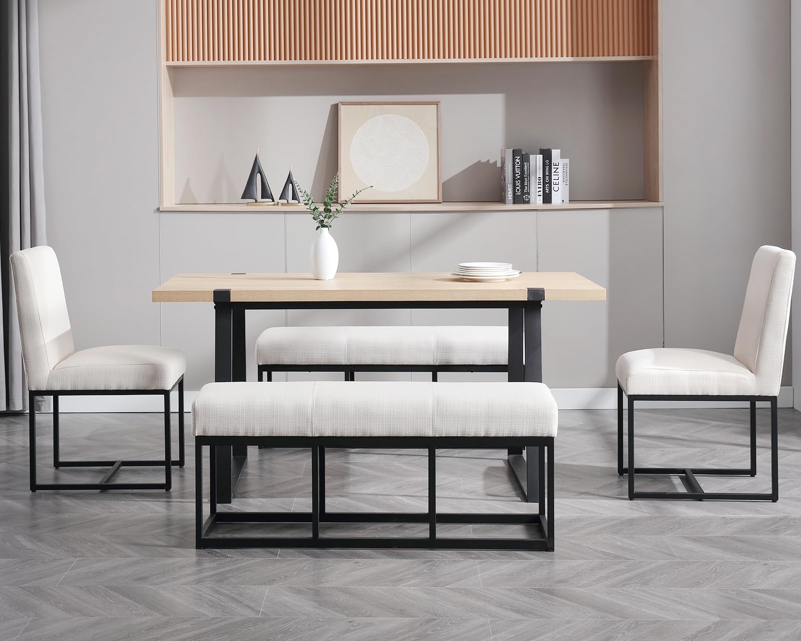 HNY Mid Century Modern Upholstered Kitchen Dining Bench Metal Entryway Bench Seat, 45 Inch Linen Tufted Bench Ottoman Indoor Window Bench for Bedroom End of Bed/Living Room/Mudroom/Narrow/, Cream