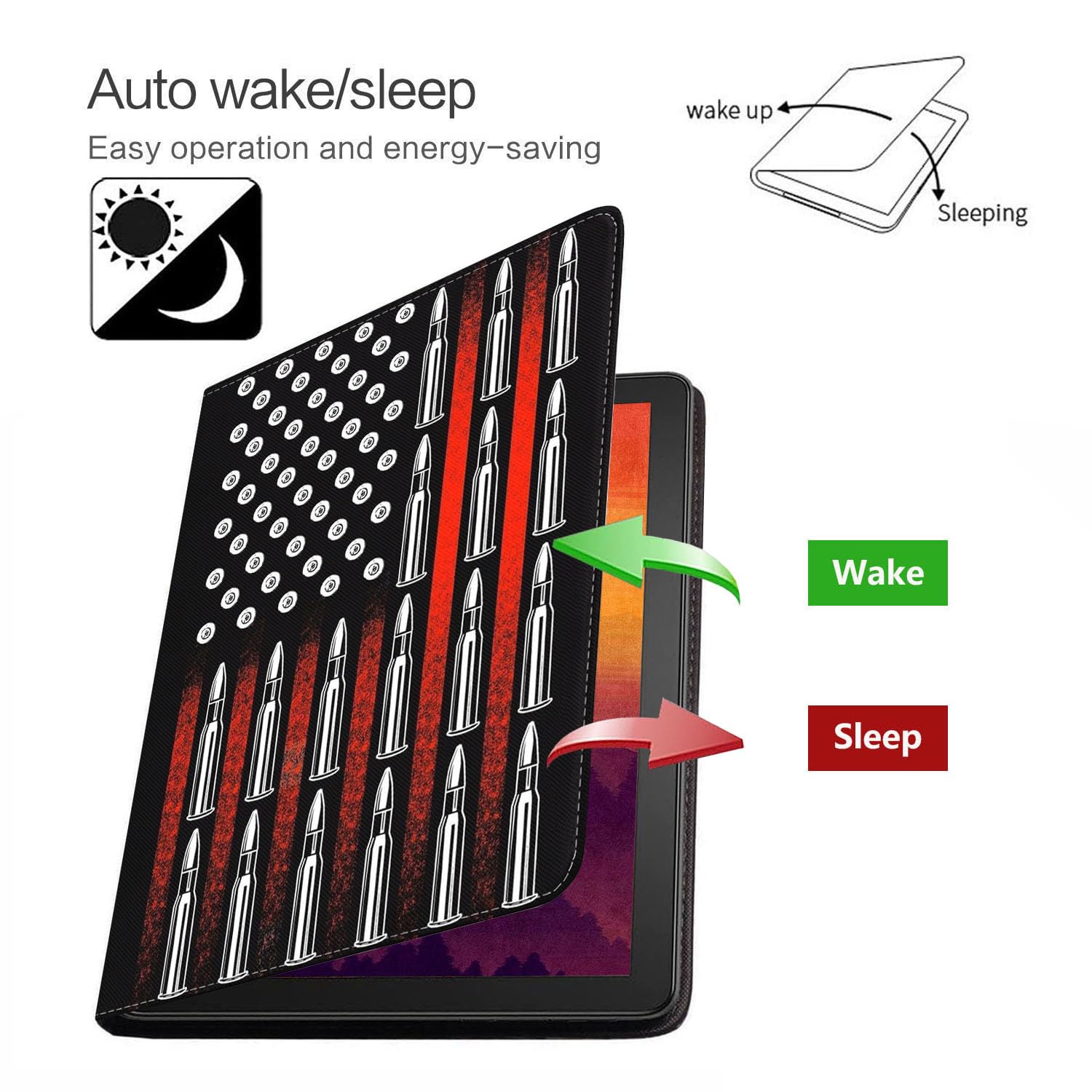 ZXHSBROK for iPad 10th Generation Case 2022 10.9 Inch - Slim PU Leather Folding Stand Folio Cover with Auto Sleep/Wake for iPad 10th Generation 10.9" 2022, American Flag & Bullets