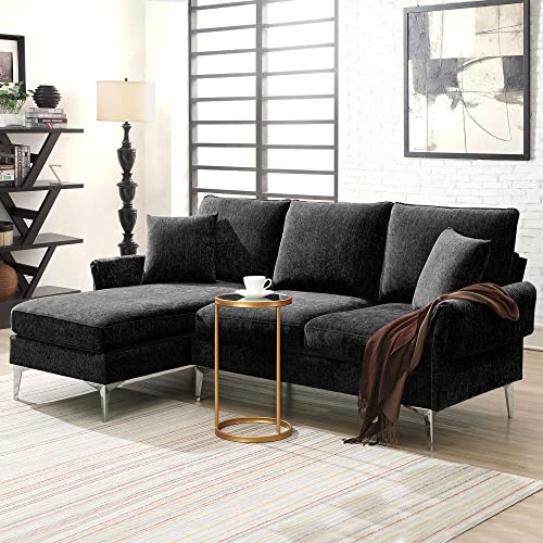 HAUSHECK Convertible Sectional Sofa with Reversible Chaise Lounge, Metal Leg, Two Pillows Included, Mid-Century Modern Chenille Free Combination L-Shaped Couch for Living Room, Apartment, Small Space
