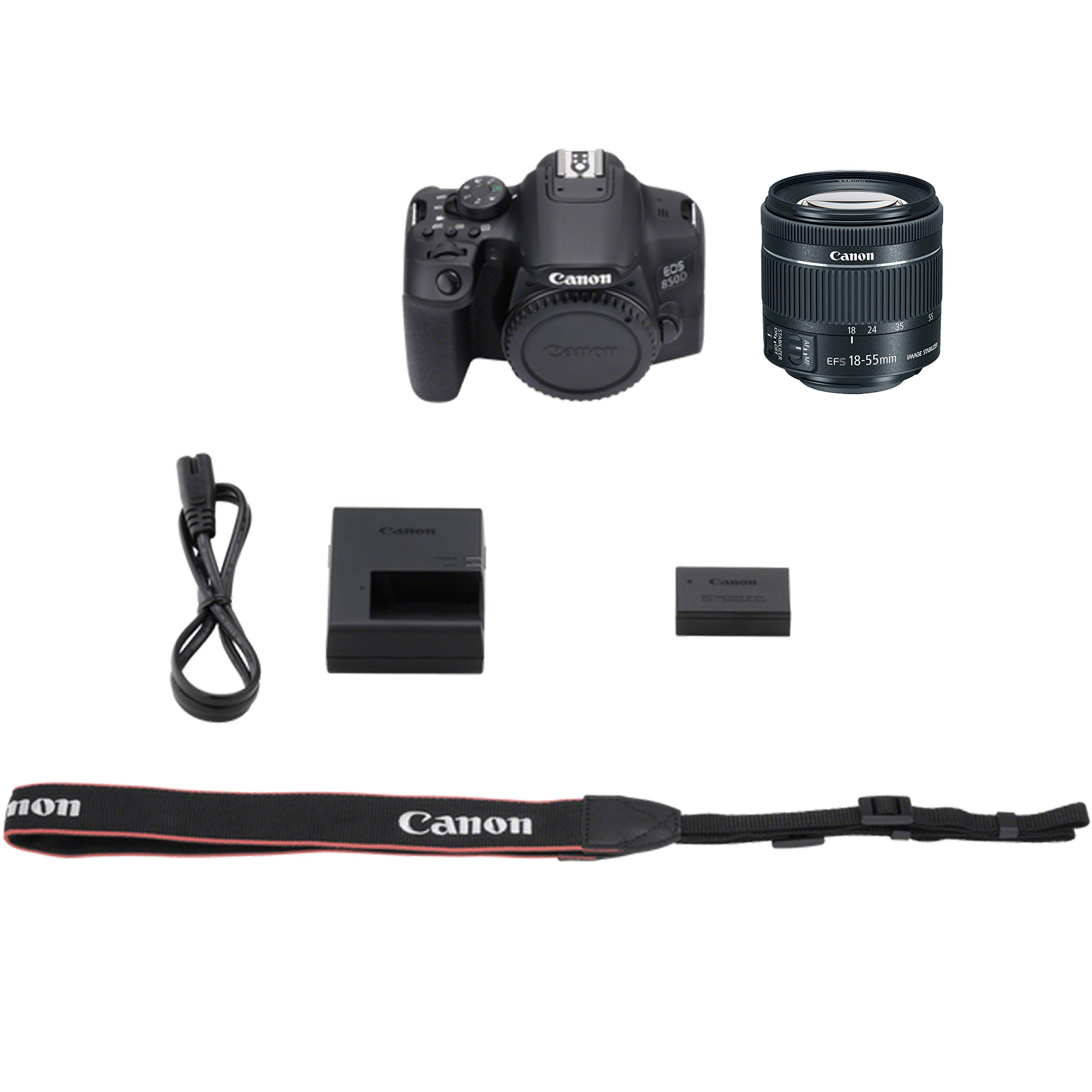 Canon EOS 850D / Rebel T8I DSLR Camera w/EF-S 18-55mm F/4-5.6 STM Zoom Lens + 64GB Memory, Case, Tripod, Flash, Remote, and More (32pc Bundle) (Renewed)