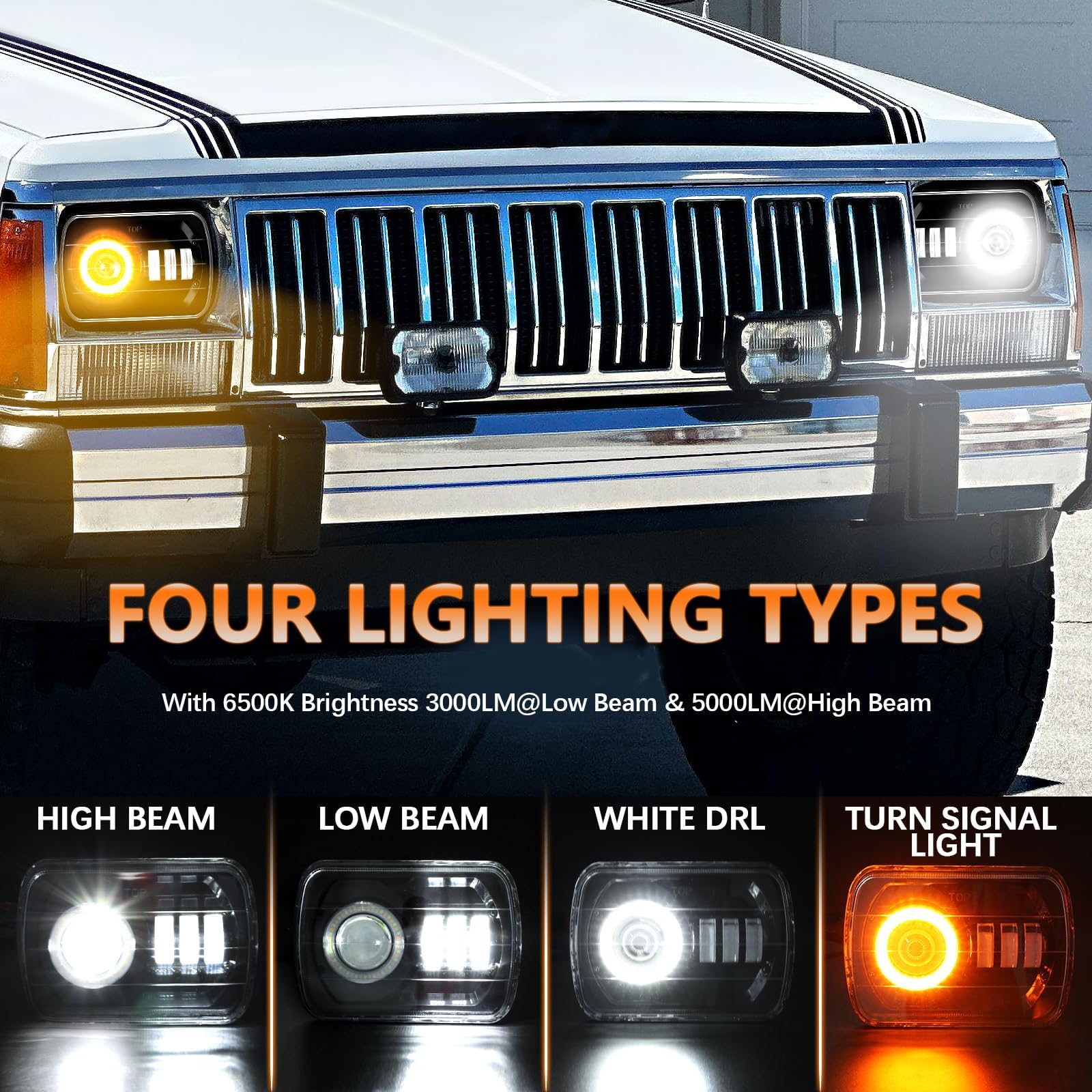 DOXMALL 2Pcs 5x7 7X6 LED Headlights H6054 Retangular Sealed Beam Headlight With White Halo Daylight Compatible with Cherokee XJ Wrangler YJ GMC Dodge Kenworth T300 Etc