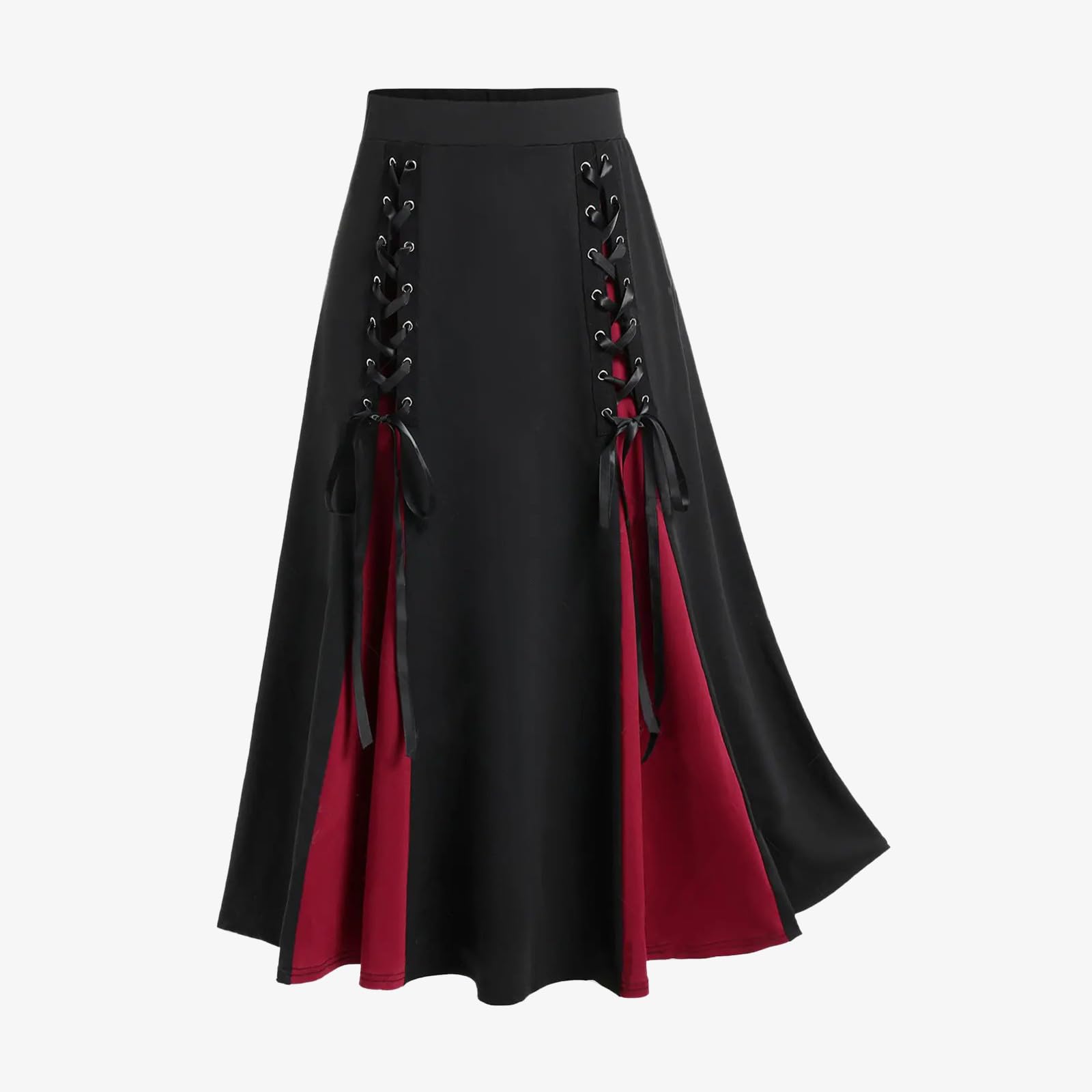 Women's Vintage Gothic Court Lace Up Patchwork Skirt Steampunk Medieval Renaissance Victorian A-Line Pirate Skirts Red