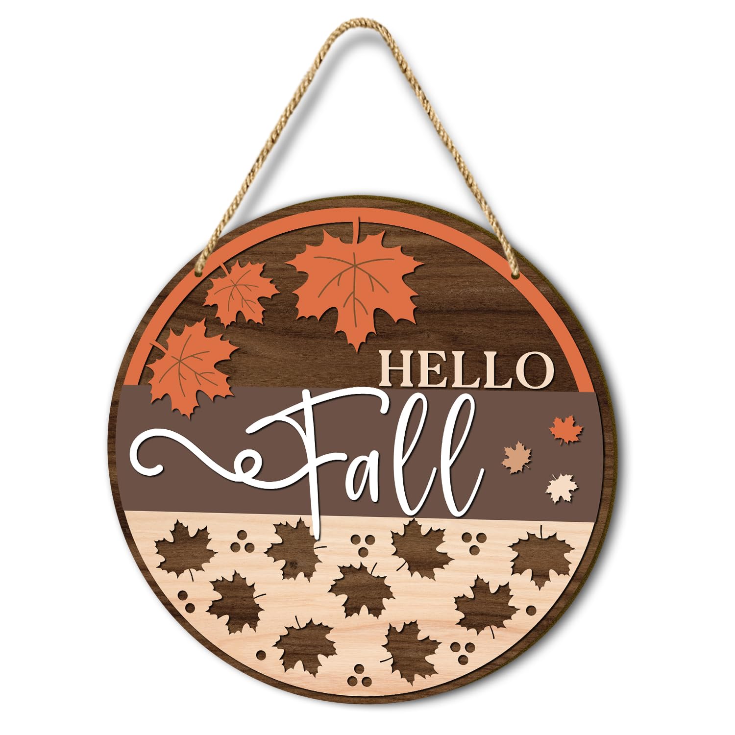 Hello Fall Maple Leaves Wooden Sign for Front Door Decor, Round Wood Hanging Sign Thanksgiving Autumn Home Decorations, Fall Harvest Wall Hanging Art Sign Plaque for Porch Yard Garden - 01