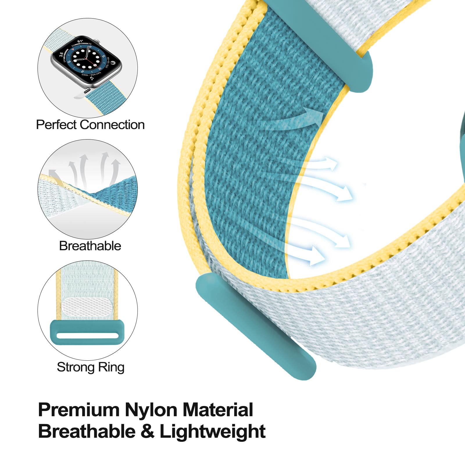 4 Pack Nylon Sport Band Compatible with Apple Watch Band 38mm 40mm 41mm Women Men, Adjustable Stretchy Solo Loop Strap for iWatch Series Ultra/SE/9/8/7/6/5/4/3/2/1, Black/White/Plum/Sunshine