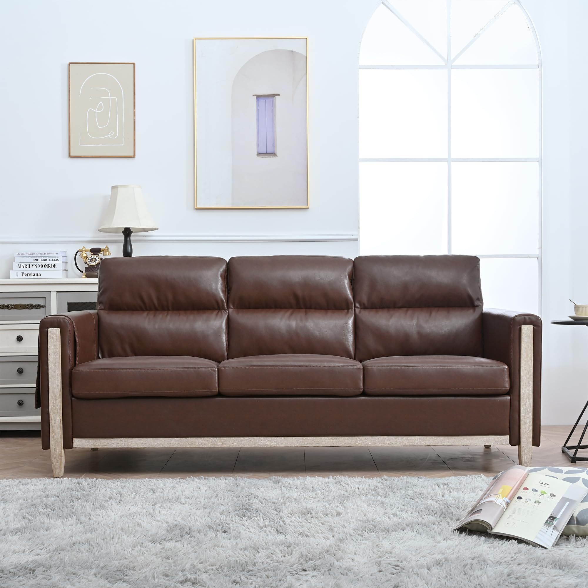 79.5" PU Leather Sofa Couch, 3 Seater Sofa Couch with Side Pocket, Modern Upholstered Comfortable Sofa Solid Wood Soft Cushions, Durable and Long-Lasting, Sofa Couch for Living Room