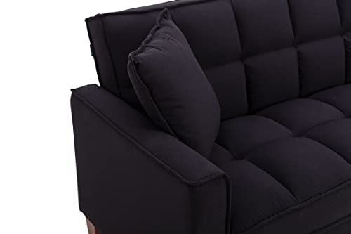 Eafurn Soft Upholstered Loveseat Sofa Small Couch for Living Room,Modern Decor Furniture with Armrest & Throw Pillows and Padded Backrest Love Seats, Black Deep Button Tufted with Solid Wood Legs