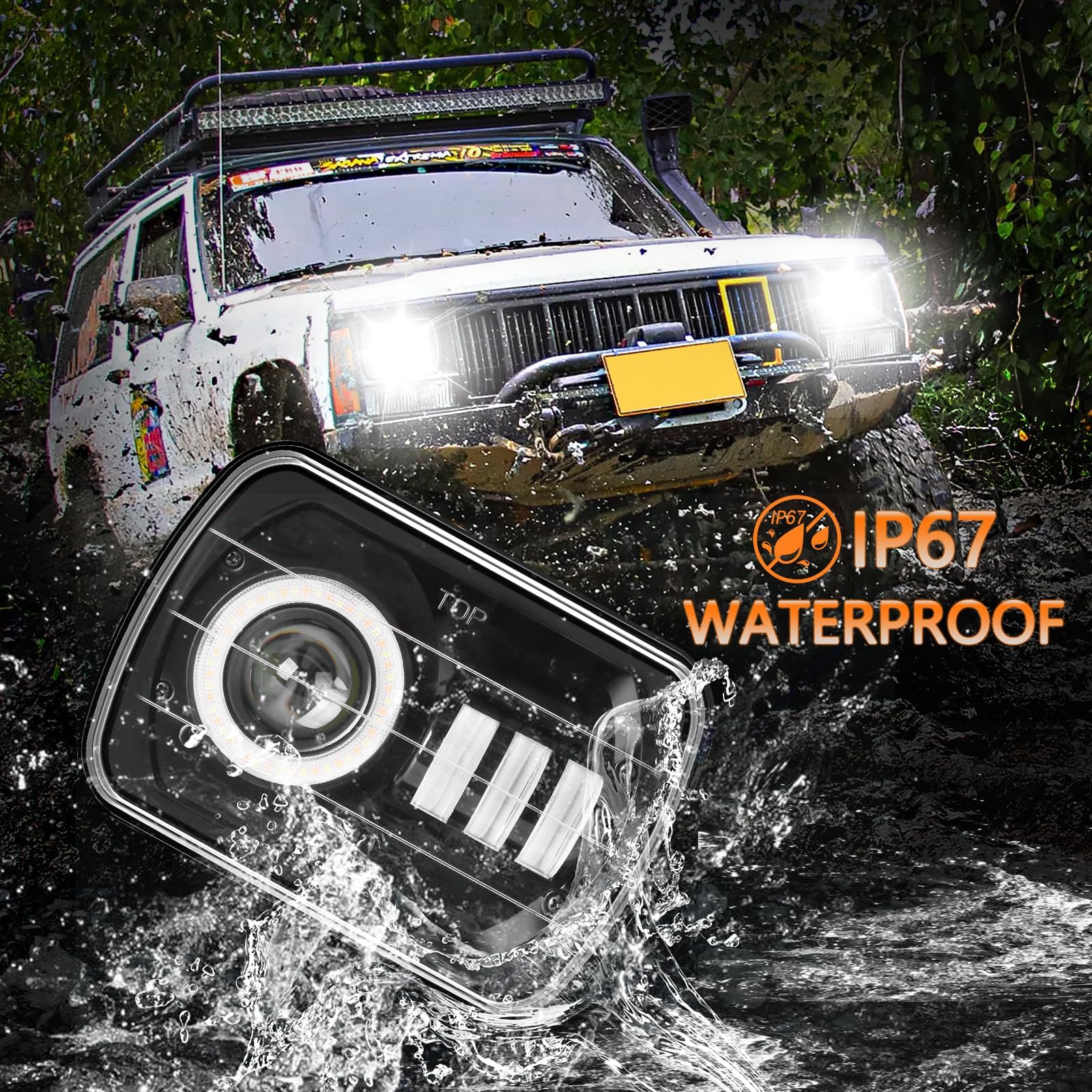 DOXMALL 2Pcs 5x7 7X6 LED Headlights H6054 Retangular Sealed Beam Headlight With White Halo Daylight Compatible with Cherokee XJ Wrangler YJ GMC Dodge Kenworth T300 Etc