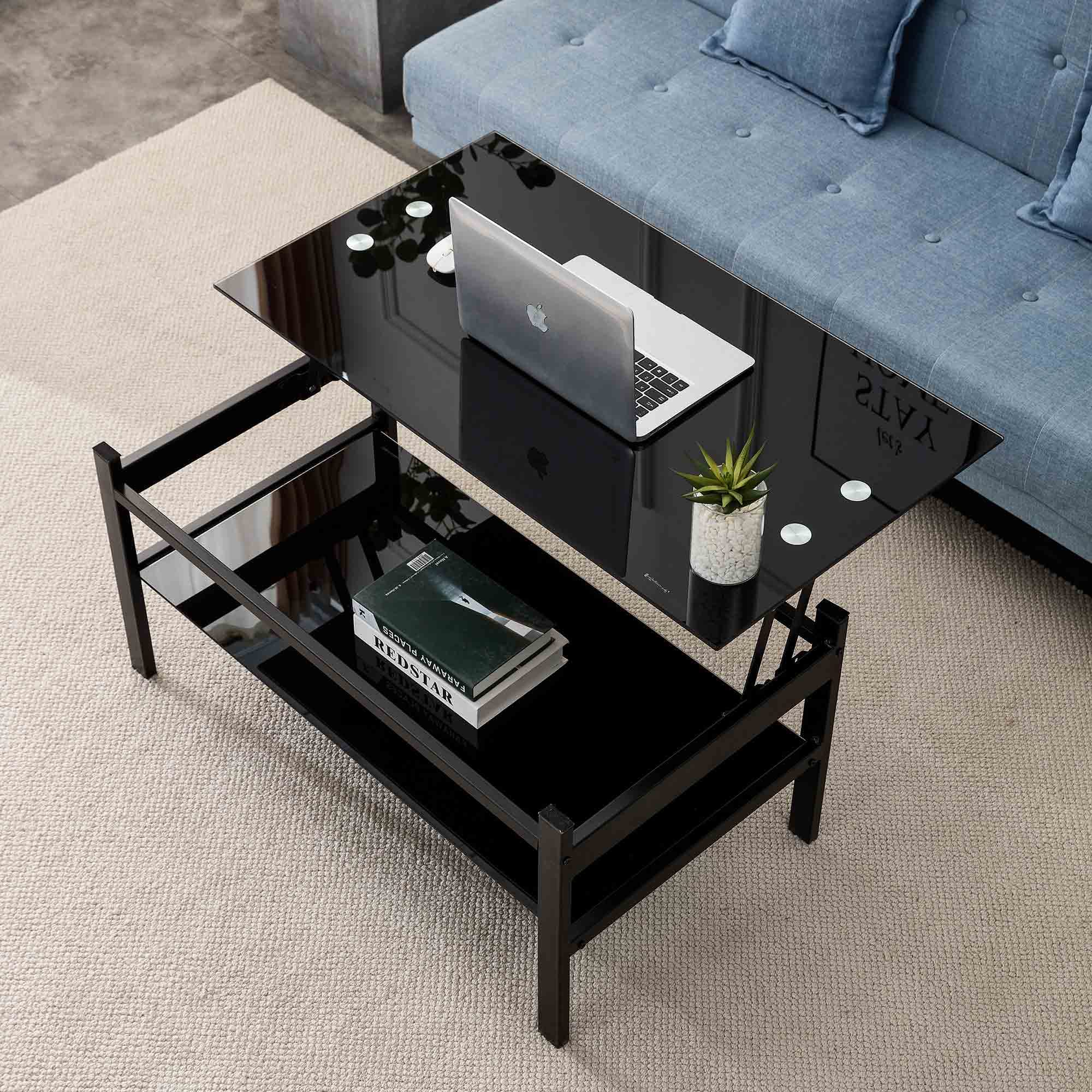 GSSDEE Glass Coffee Table and End Table Set of 3, 2-Tier Classic Design, Tempered Glass Top & Solid Metal Legs Table Set, Use for Livingroom Center Table, Sofa Nightstand (Black, Lift top Set of 3)