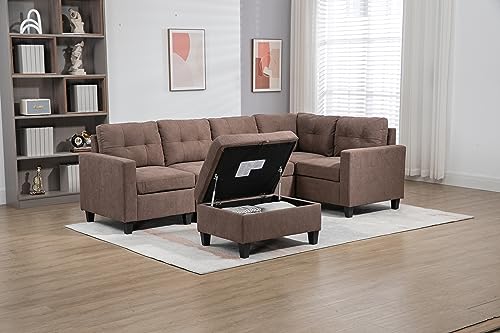Evedy Living Room Furniture Set,L-Shaped, Modular Sectional Sofa with Left & Right Arm, Corner Chair, Ottomans Table,Extra Wide Chaise Lounge Couch for Home, Apartment (Brown)