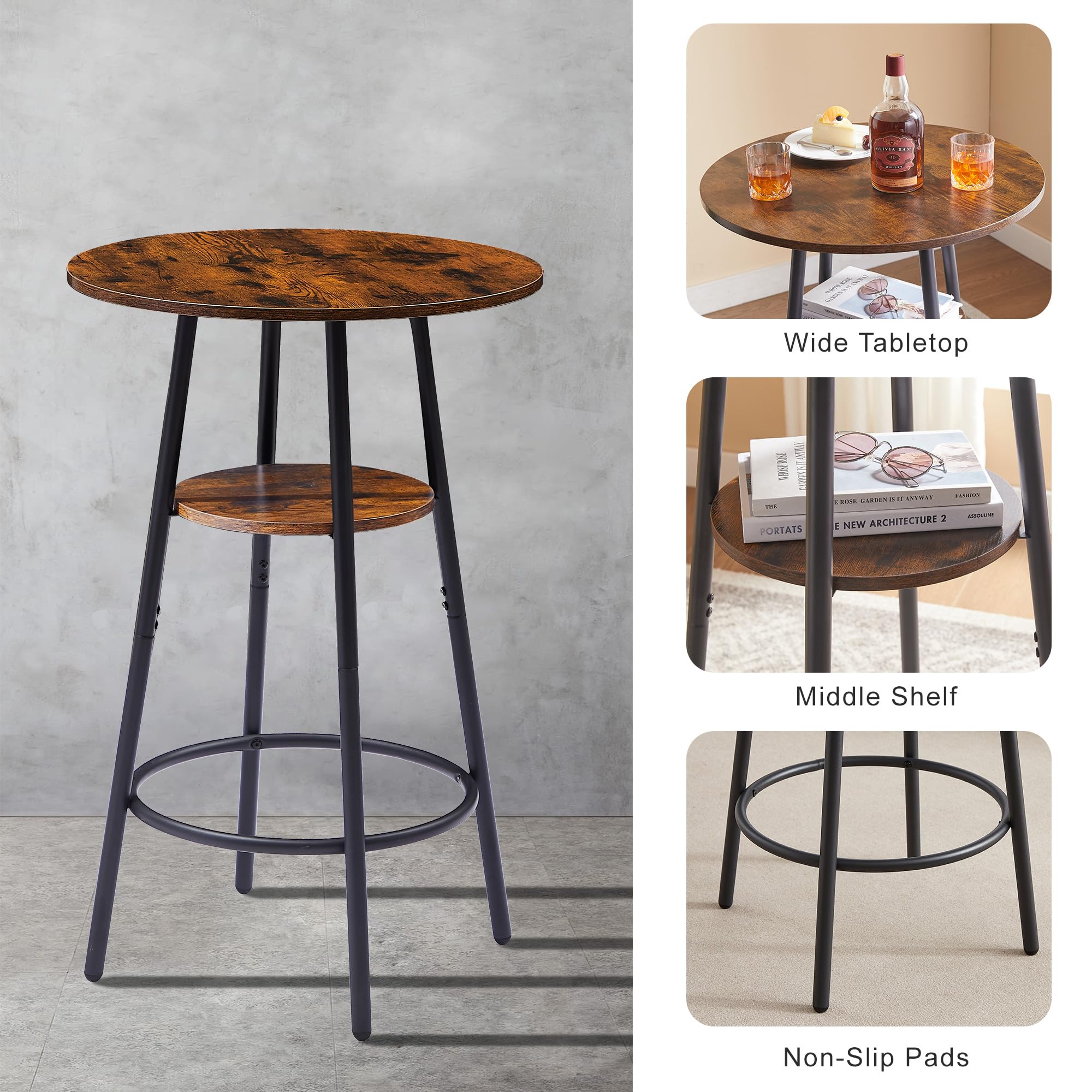 Tmsan Round Bar Table and Chair Set for 2, Small Bistro Coffe Table & Stools with Backrest, High Top Pub Set for Kitchen Dining Room, Rustic Brown