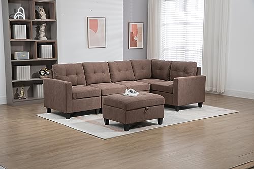 Evedy Living Room Furniture Set,L-Shaped, Modular Sectional Sofa with Left & Right Arm, Corner Chair, Ottomans Table,Extra Wide Chaise Lounge Couch for Home, Apartment (Brown)