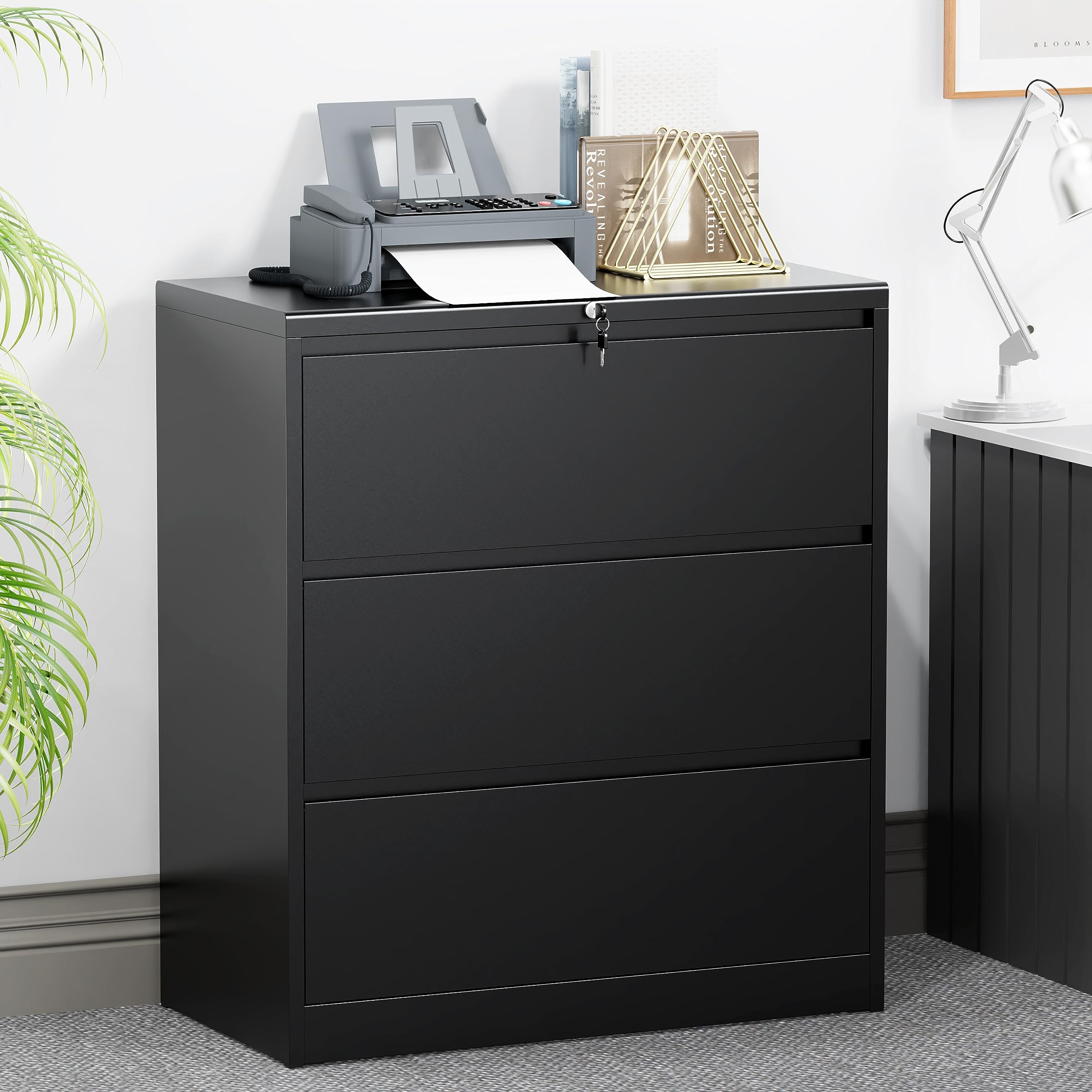 Hak Metal 3 Drawer Lateral File Cabinet with Lock, Black Office File Cabinet for Storing Legal/Letter A4 Size File, Mordent Locking Lateral Filing Cabinets for Home Office (Black)