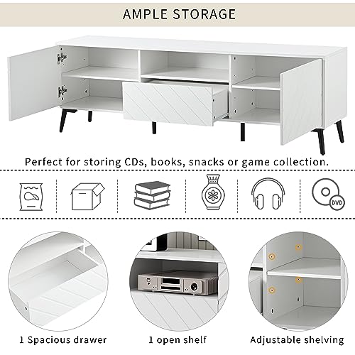 Modern TV Stand for 70 inch TV, Entertainment Center with 1 Drawer and Open Shelf, TV Console Table with with 2 Doors and Adjustable Shelves for Living Room/Bedroom(White)