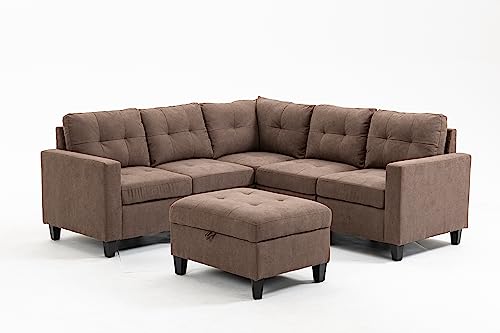 Evedy Living Room Furniture Set,L-Shaped, Modular Sectional Sofa with Left & Right Arm, Corner Chair, Ottomans Table,Extra Wide Chaise Lounge Couch for Home, Apartment (Brown)