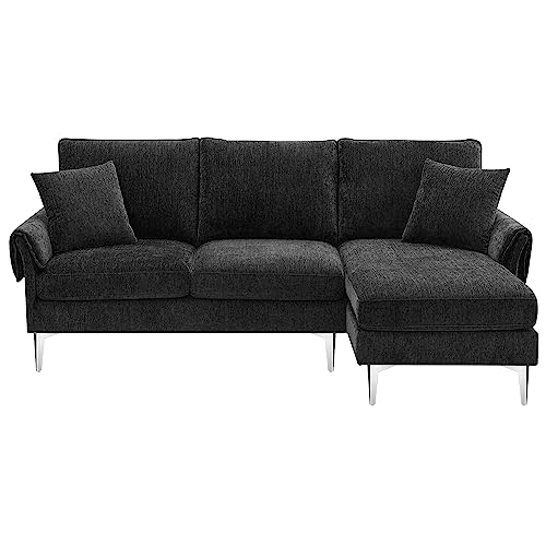 HAUSHECK Convertible Sectional Sofa with Reversible Chaise Lounge, Metal Leg, Two Pillows Included, Mid-Century Modern Chenille Free Combination L-Shaped Couch for Living Room, Apartment, Small Space