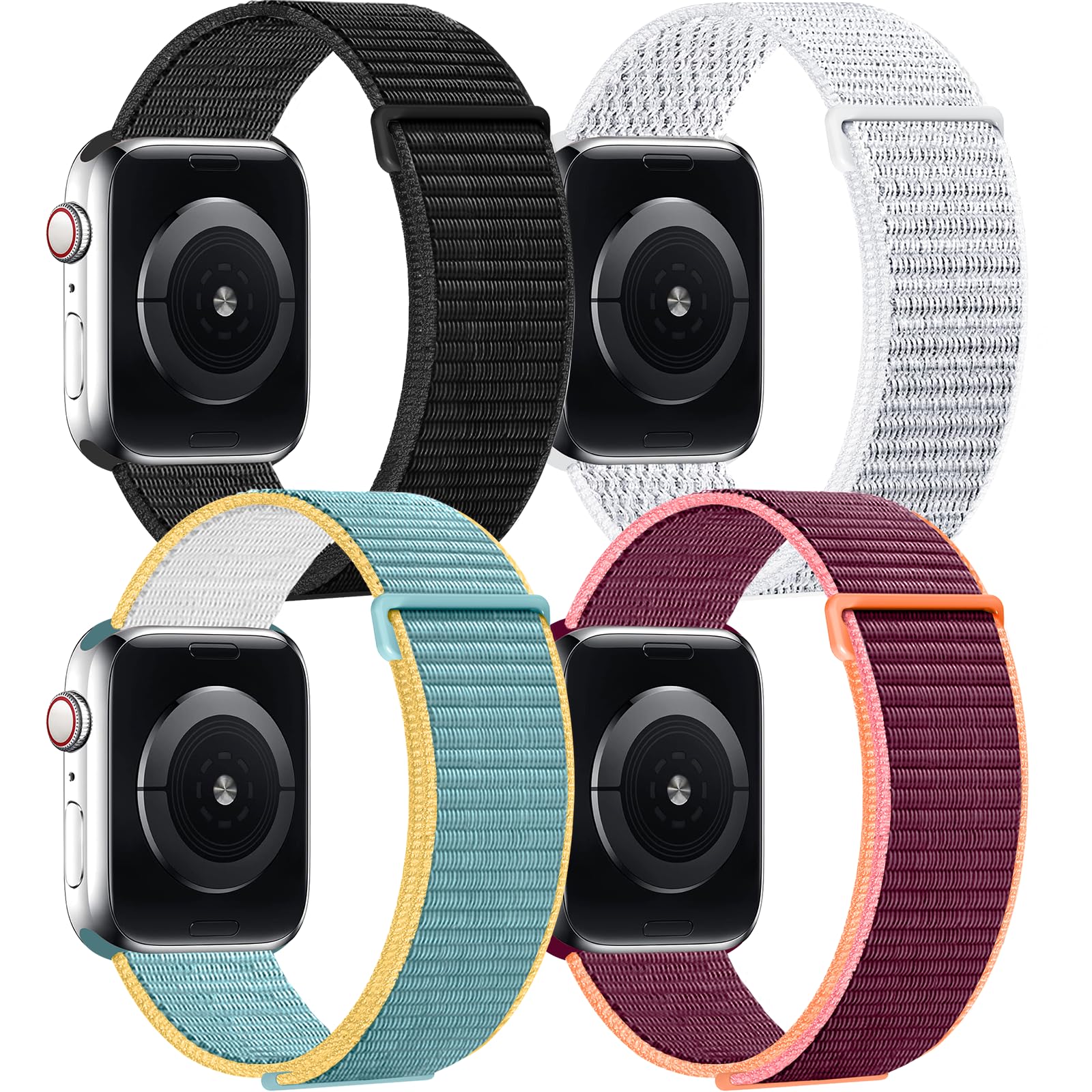 4 Pack Nylon Sport Band Compatible with Apple Watch Band 38mm 40mm 41mm Women Men, Adjustable Stretchy Solo Loop Strap for iWatch Series Ultra/SE/9/8/7/6/5/4/3/2/1, Black/White/Plum/Sunshine