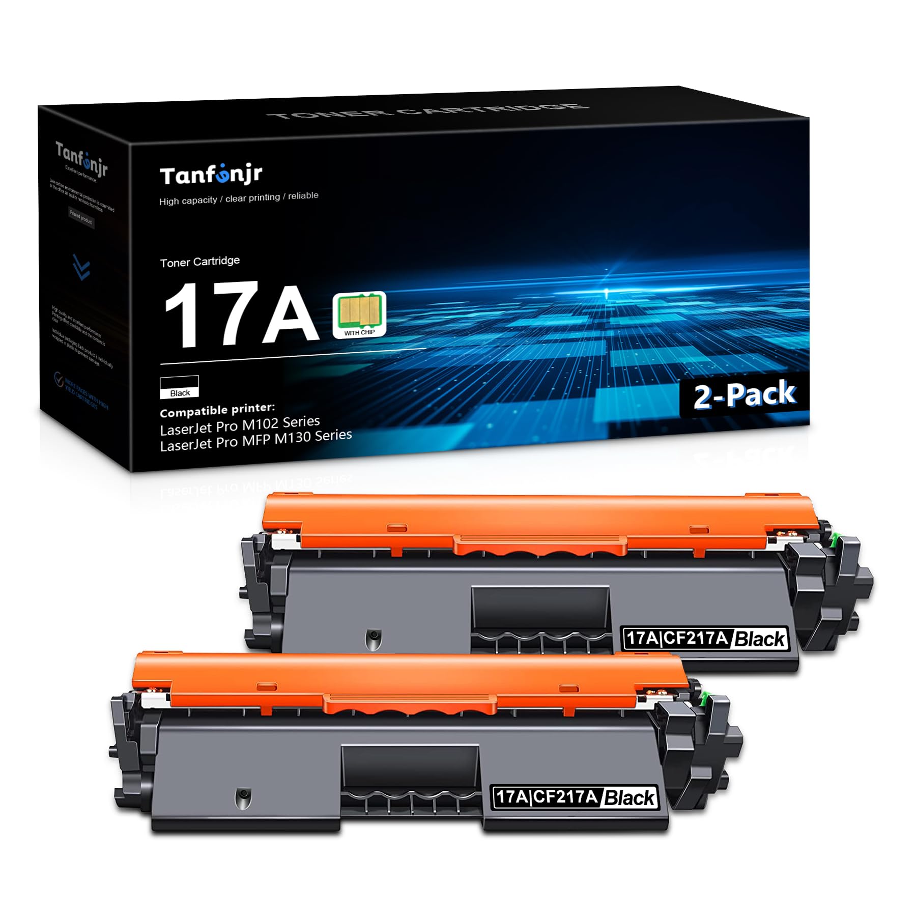 CF217A 17A Black Toner Cartridge with Chip Two Pack | 17A Black Ink Remanufactured Replacement for HP 17A Toner for Laser Pro M102a, M102w; Pro MFP M130a, M130fn, M130fw, M130nw Printer | CF217AD