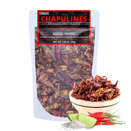 Yerbero - Fresh Chapulines From Oaxaca 1.03 oz (30gr) Adobado Spicy Flavor | All Natural Toasted Grasshoppers With Chili, Lime, Sea Salt and Garlic | Always Fresh (Not Dehydrated) Delicious, Exotic Mexican Snack. Imported From Mexico.