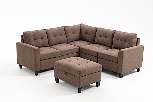 UBGO Sectional, Living Room Furniture Set,L-Shaped Modular Sofas with Left & Right Arm, Corner Chair, Ottomans Table,Extra Wide Chaise Lounge Couch for Home, Apartment (Brown)