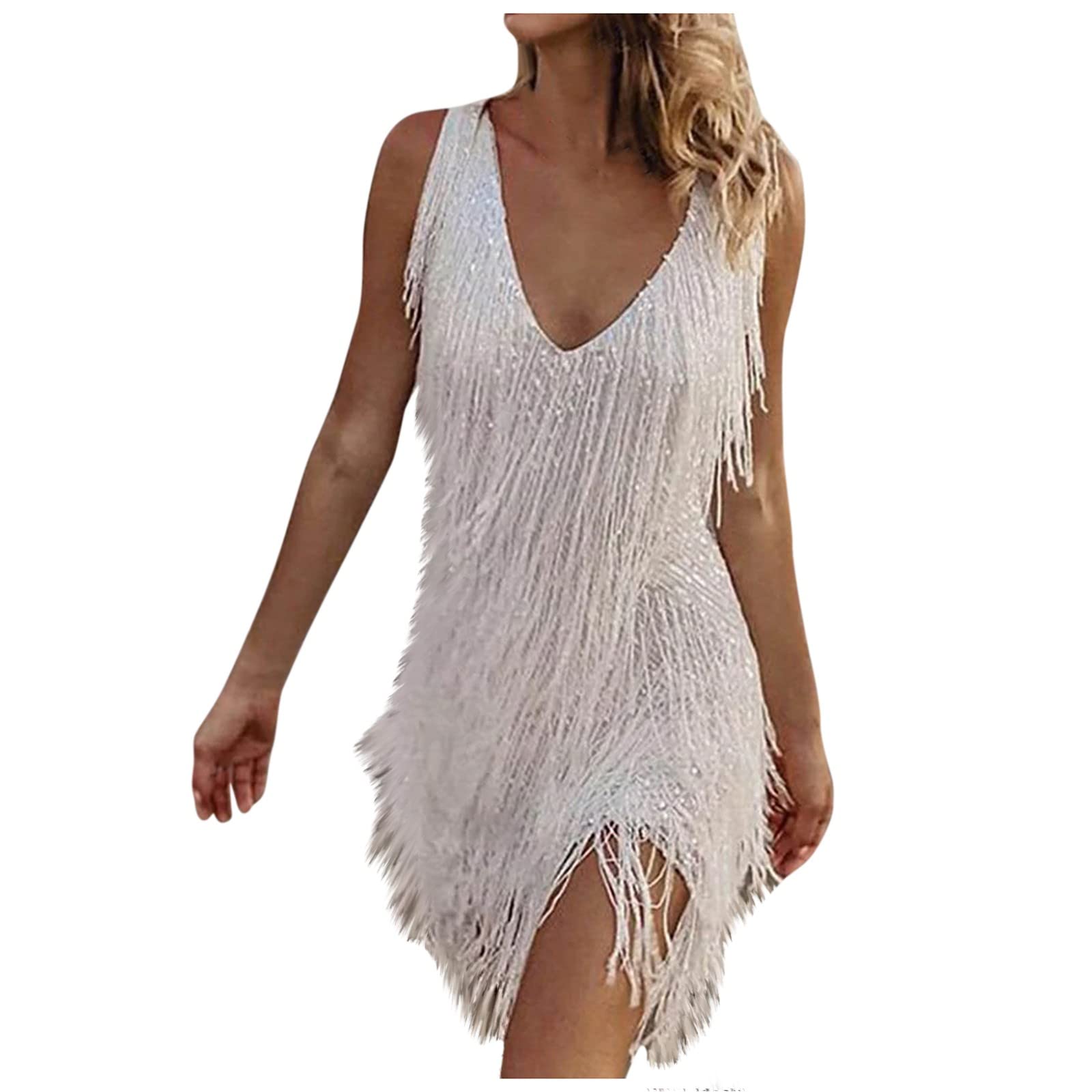 PETYCZEN Women's Tassel Dress Sexy Sleeveless Spaghetti Strap Backless 1920s Flapper Gatsby Mini Dress, Elegant Sparkly Fringe Tango Latin Dance Dress Cocktail Party Dresses(M-White,X-Large)