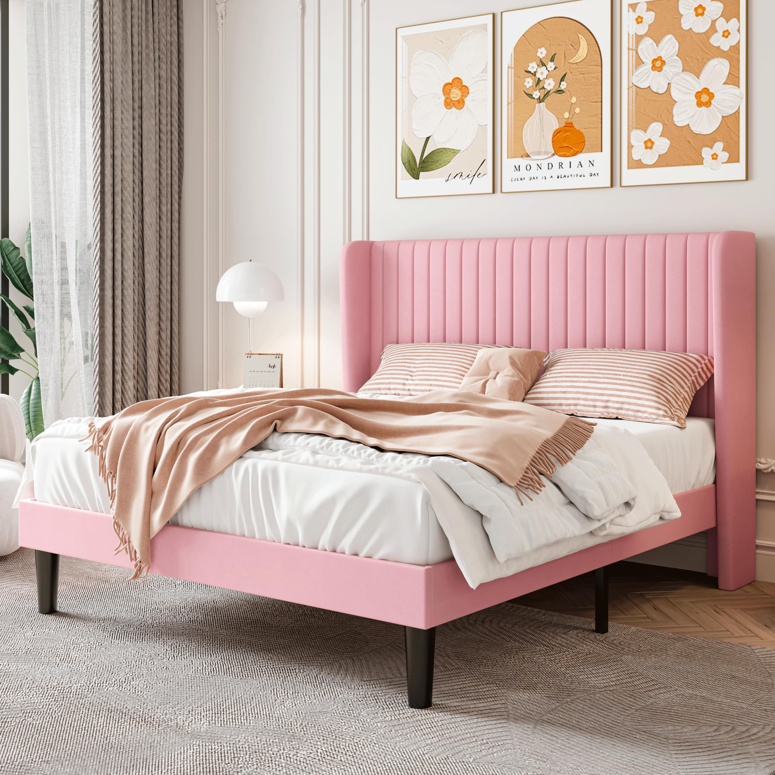 SHA CERLIN Full Size Velvet Bed Frame with Vertical Channel Tufted Wingback Headboard, Upholstered Platform Bed with Wood Slats, No Box Spring Needed, Easy Assembly, Pink