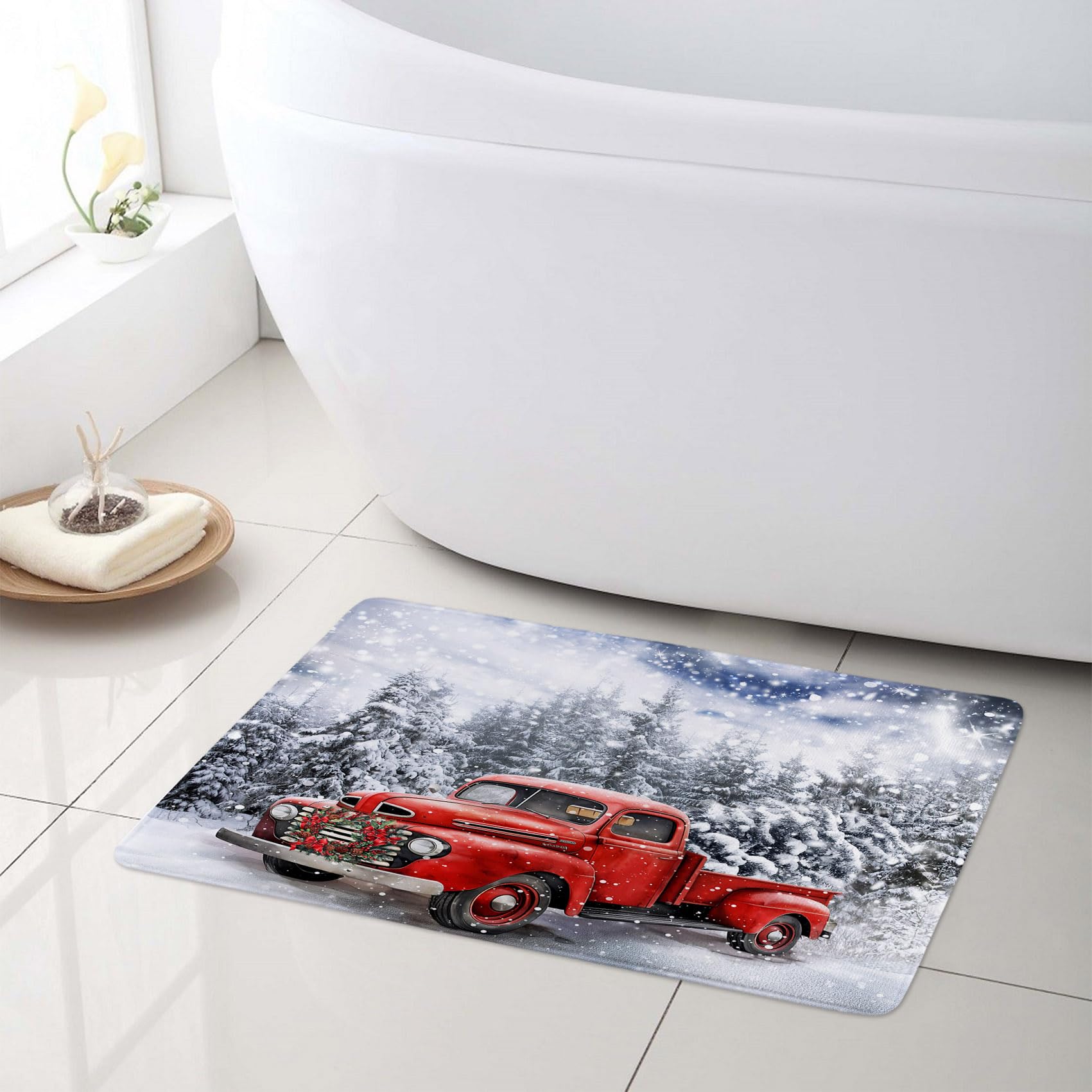 LB Winter Snow Forest Bath Mat Farmhouse Red Truck with Pine Tree Area Rug for Bathroom White Snowflake Doormat Non Slip Memory Foam Super Absorbent Floor Mats,24Wx16H Inch
