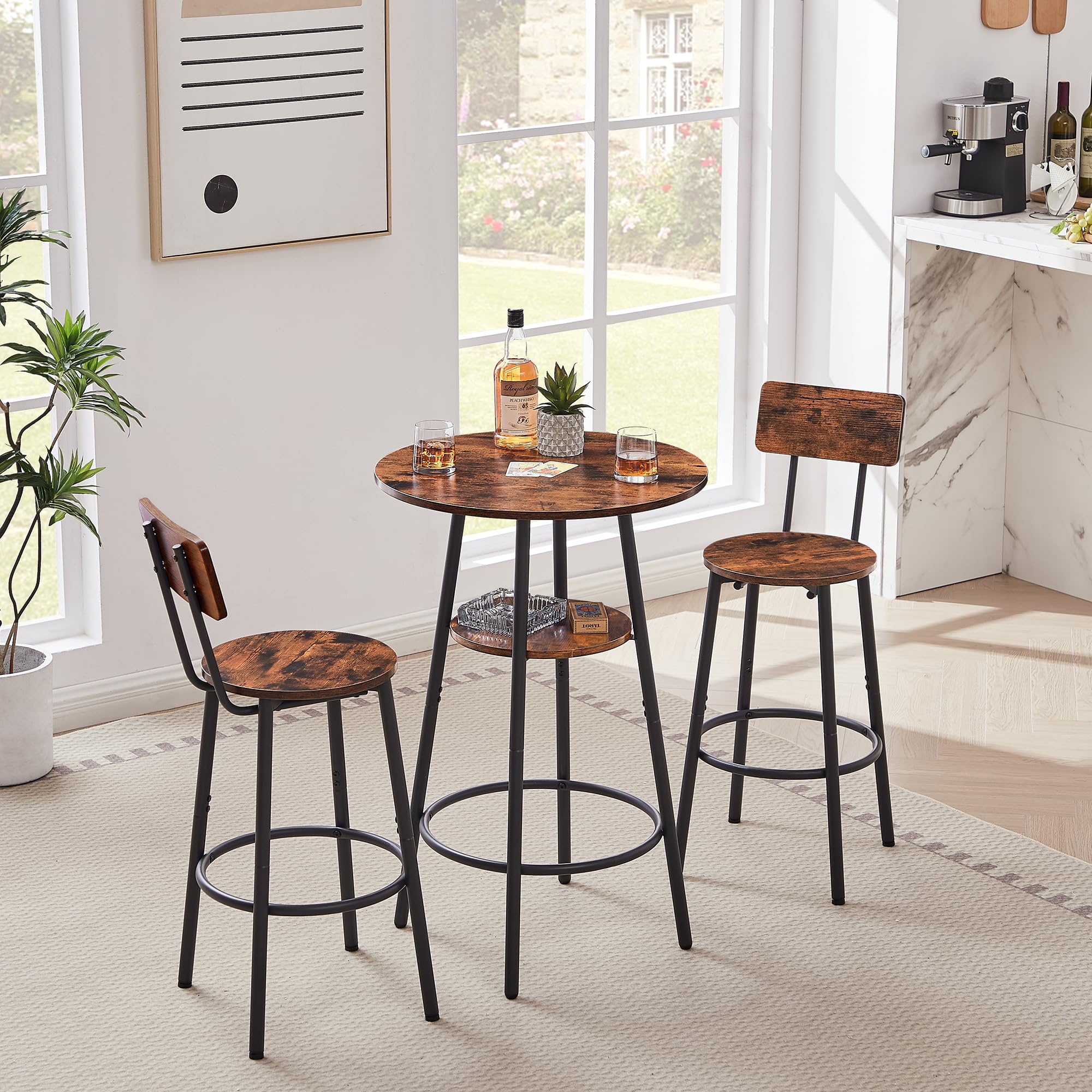 Tmsan Round Bar Table and Chair Set for 2, Small Bistro Coffe Table & Stools with Backrest, High Top Pub Set for Kitchen Dining Room, Rustic Brown