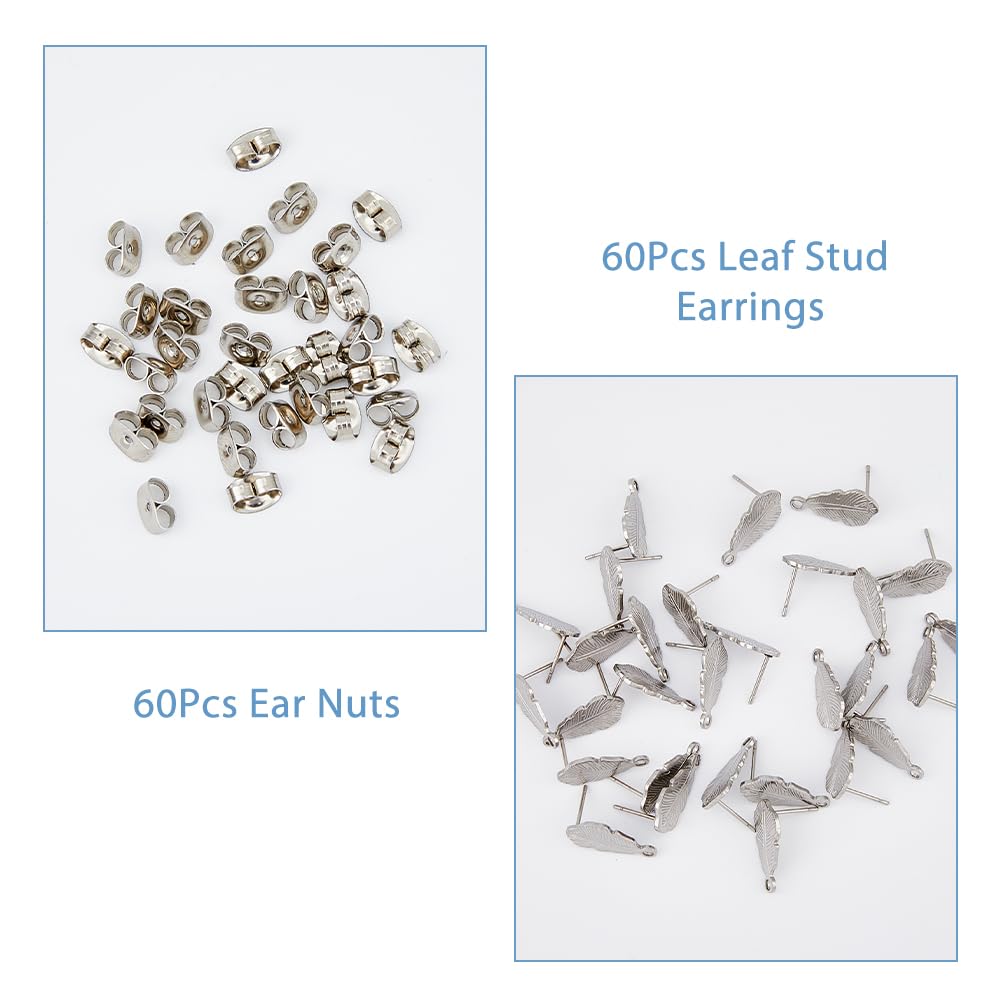 DICOSMETIC 30Pcs Leaf Stud Earrings Ear Stud Post Leaf Pad Nature-Inspired Ear Studs Earring Posts with Hole 1.8mm Stainless Steel Studs Findings with 60Pcs Ear Nut for Earring Making