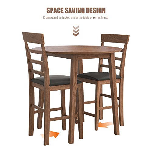 Voohek, Walnut 3-Piece Dining Set w/Drop-Leaf, 2 Upholstered Chairs,Counter Height Furniture, with PU Leather Cushion for Kitchen, Small Space, Bar