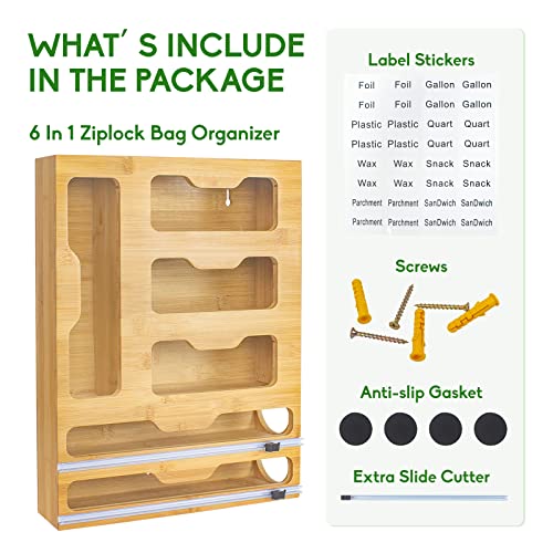 Ziplock Bag Organizer Bamboo , 6 in 1 Wrap Dispenser With Cutter, Kitchen Storage Ziplock Bag Organizer For Drawer, Compatible With Ziplock Gallon, Quart, Sandwich, Snack, Aluminum Foil etc