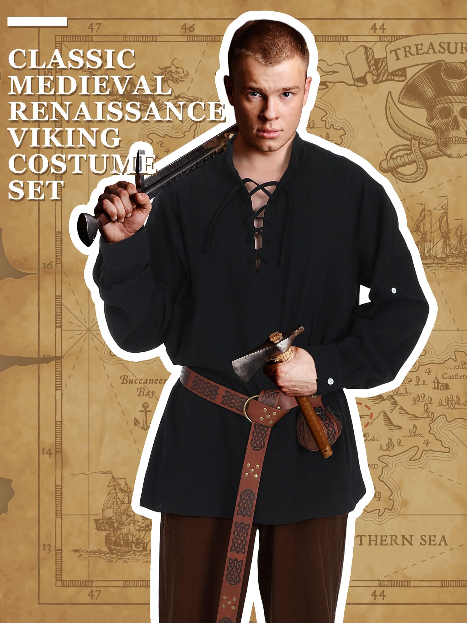 Panitay 4 Pcs Halloween Men's Medieval Costume Set Renaissance Pirate Shirt Pants Viking Belt Retro Pouch Outfit for Cosplay(X-Large,Black, Dark Brown, Brown)