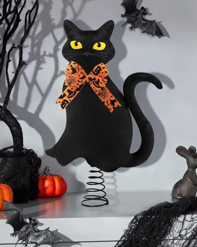 Black Cats Christmas Tree Topper with Stand and Changeable Bows Halloween Xmas Tree Ornament Winter Holidays Home Decorations Cat Lovers Gift Ideas
