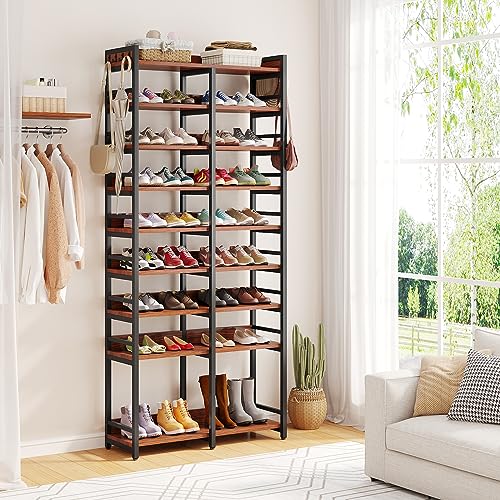 Tribesigns Open Shoe Cabinet, 9-Tier Tall Wooden Shoe Rack with Side Hooks for Entryway, Freestanding 36 Pairs Wood Shoes Storage Shelf Cabinet with Heavy Duty Metal Frame, Black Rustic Brown