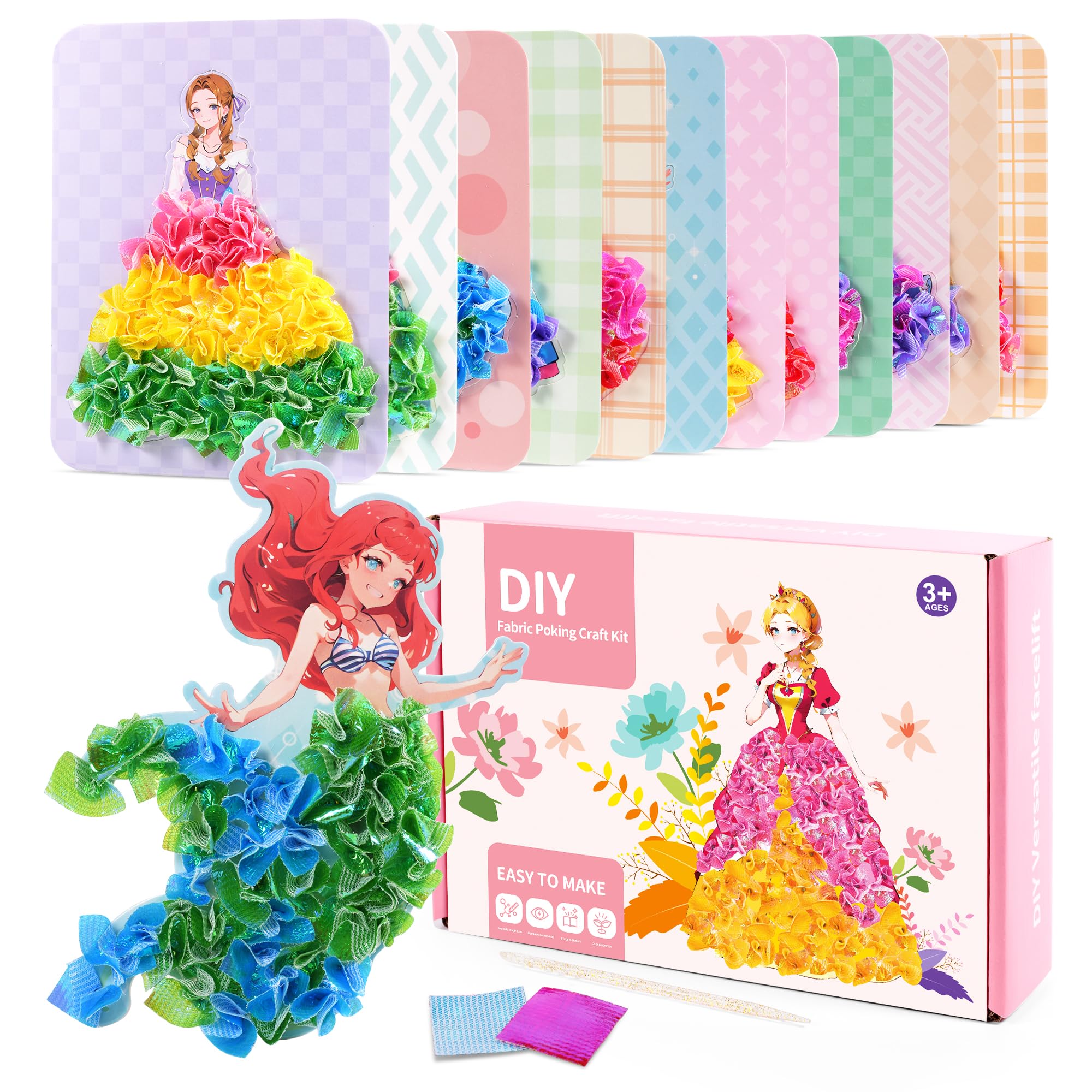 Nsuebck Poke in Art Kits for Girls - Easter Basket Stuffers Fabric Poking Crafts with 12 Princess Boards - Mess-Free Birthday Gifts for Kids Ages 4 5 6 7 8