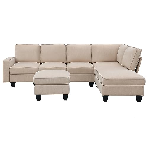 Lifeand 104.378, 7-seat Linen Fabric Couch Set with Chaise Lounge and Convertible Ottoman for Living Room,Apartment,Office Modern L-Shaped Sectional Sofa, Khaki