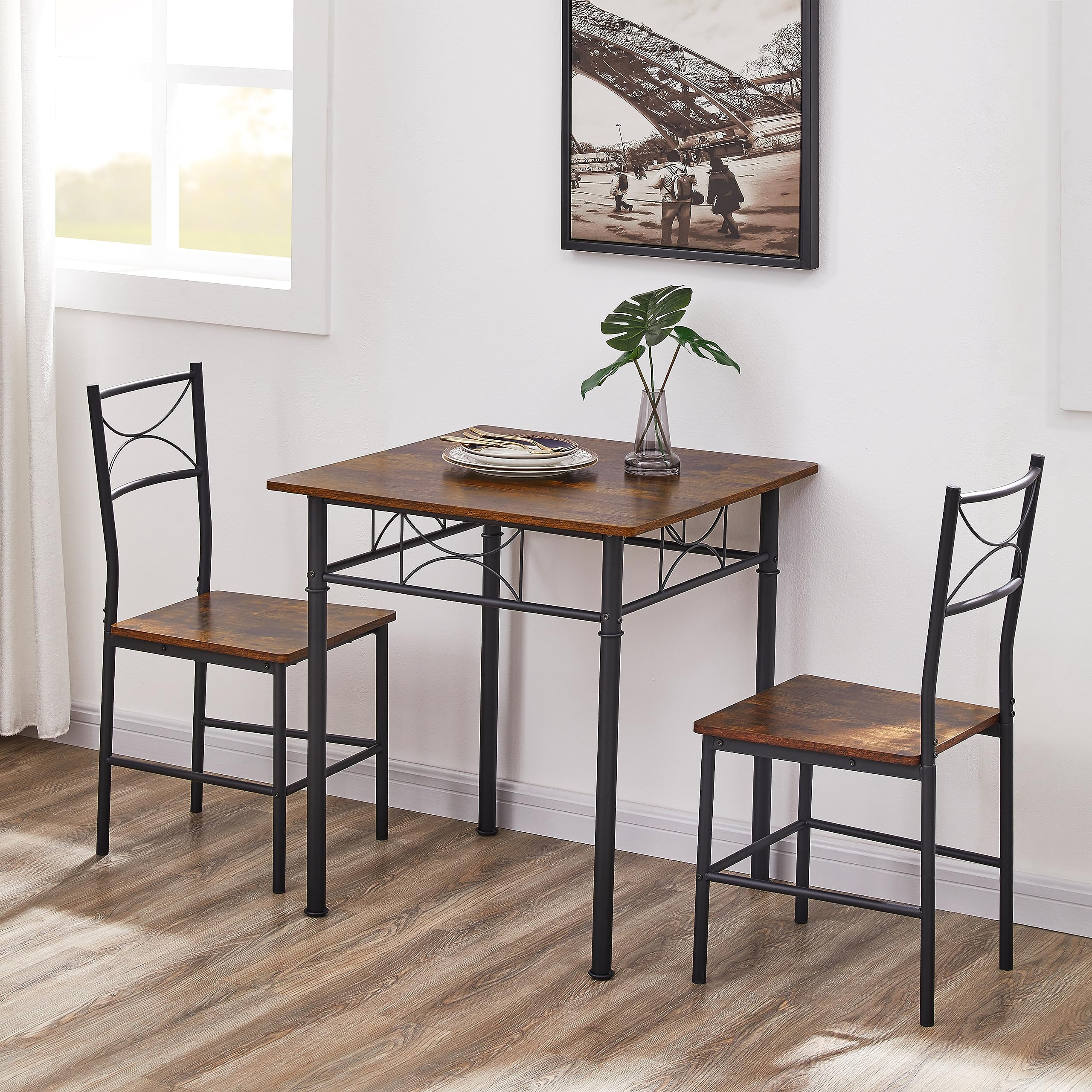 MEGOIVARTEN 3 Piece Small Square Dining Table Set for Kitchen Breakfast Nook, Pub Dining Set, Modern Square bar Table and Stools for 2, Wood Grain Tabletop for Compact Space w/Steel Frame