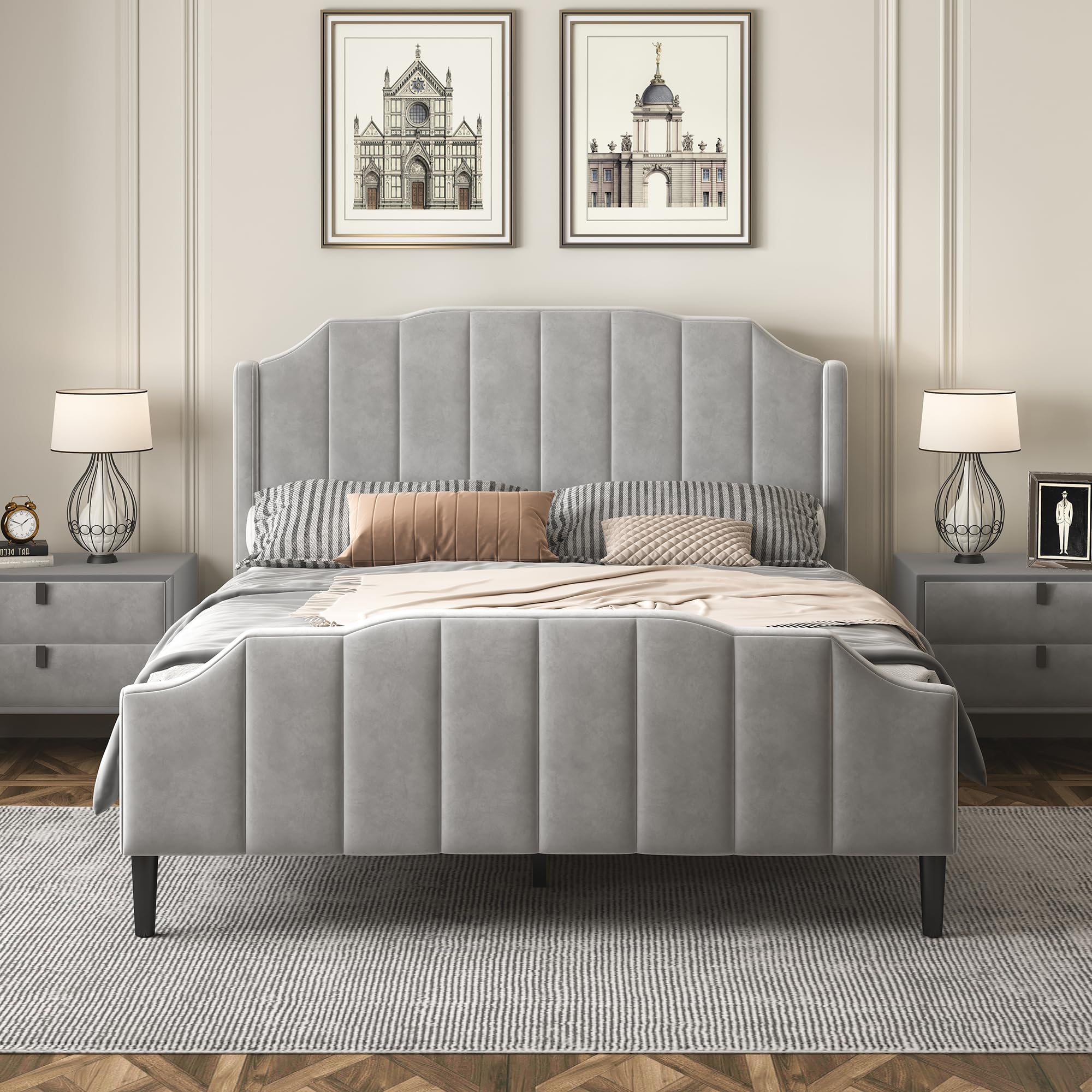 Bellemave Queen Size Upholstered Bed with Headboard and Footboard, Wood Queen Platform Bed Frame for Bedroom, Velvet Fabric, No Box Spring Needed (Queen, Gray)