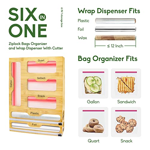 Ziplock Bag Organizer Bamboo , 6 in 1 Wrap Dispenser With Cutter, Kitchen Storage Ziplock Bag Organizer For Drawer, Compatible With Ziplock Gallon, Quart, Sandwich, Snack, Aluminum Foil etc