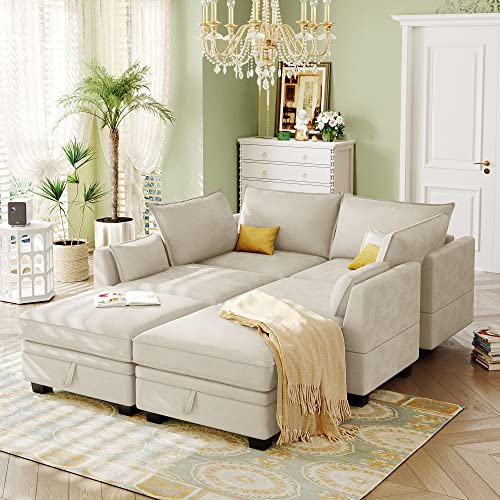YUNLife&Home U-Shaped Oversized Modular Sectional Sofa,Convertible Sleeper Couch Bed with Reversible Chaise Lounge,Upholstered Tufted Cushion 6-Seat Sofá&Couches for Living Room Furniture Set