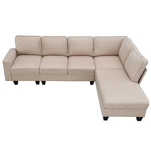 Lifeand 104.378, 7-seat Linen Fabric Couch Set with Chaise Lounge and Convertible Ottoman for Living Room,Apartment,Office Modern L-Shaped Sectional Sofa, Khaki