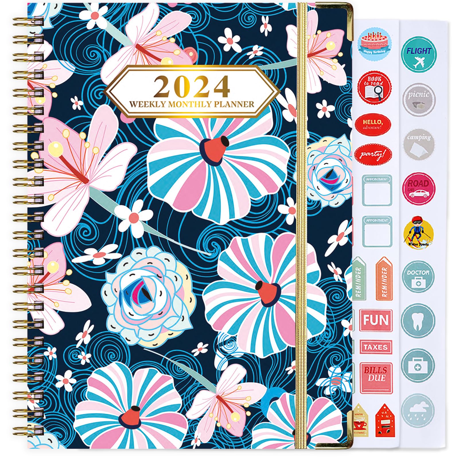 2024 Daily Planner with Stickers - 8.66"×6.2" January 2024 - December 2024 Happy Planners with Tabs, Twin Wire Spiral Binding Thick Paper Weekly and Monthly Academic Agenda Daily Notebook Pattern L