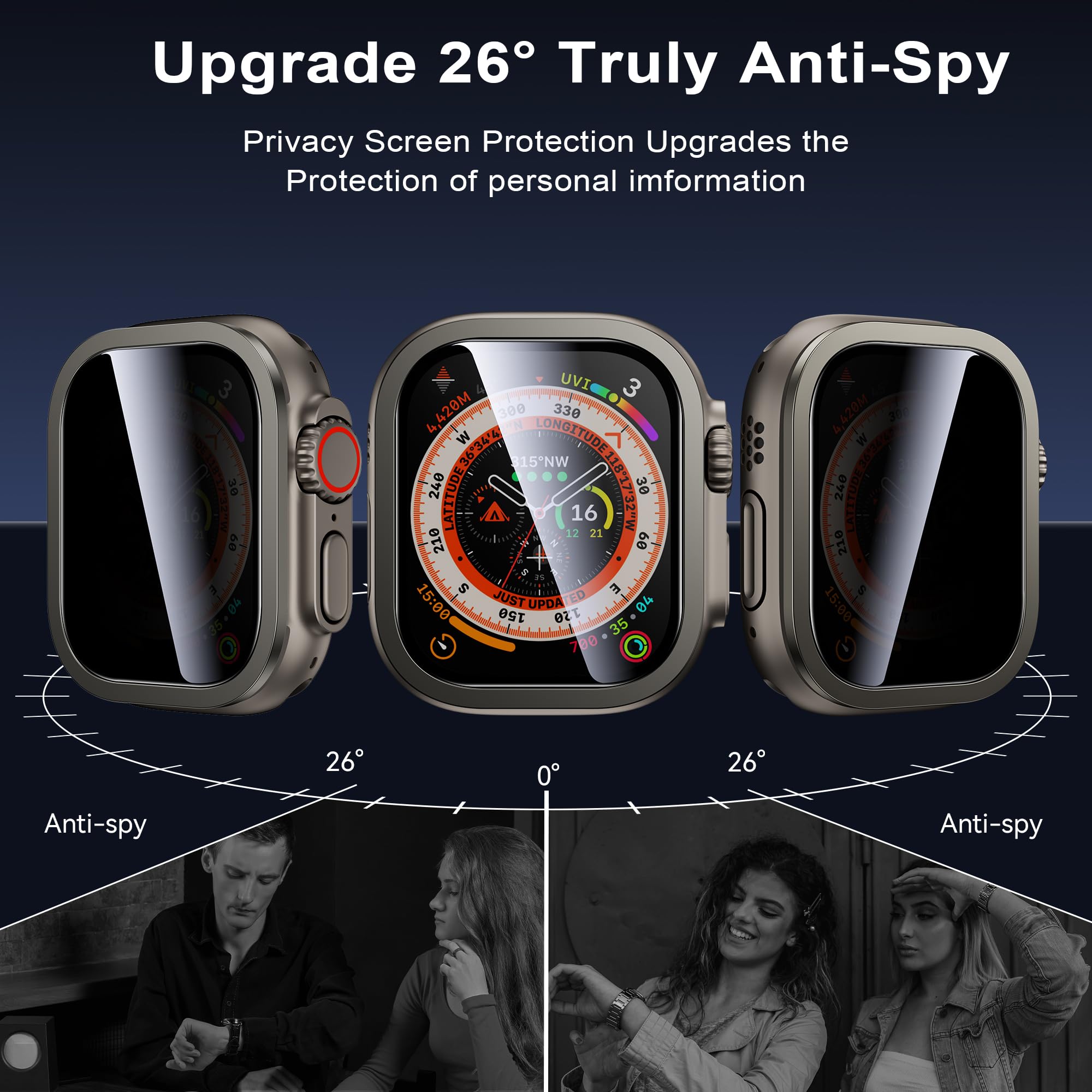 WSKEN for Apple Watch Ultra 2/Ultra Screen Protector 49mm, [26 Degree Privacy] Titanium Alloy Frame + 9H Tempered Glass, [Touch Sensitive] Lightweight Protective Glass Film for iwatch Ultra 2 Pack