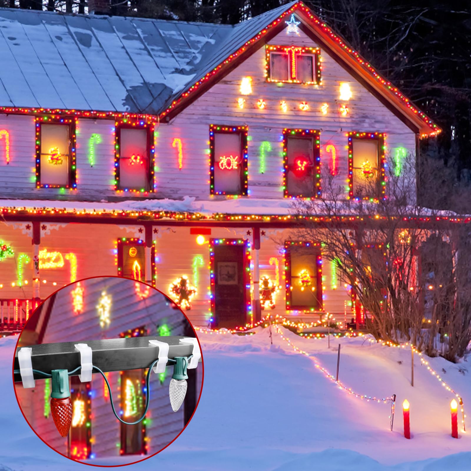 CXLHO 50 Pieces Christmas Holiday Light Hanger Hooks, 1.62" Fascia Boards Clips White, Plastic Holiday Light Clips for C7, C9, Mini String Lights Outdoor Roof Roofline Deck Eave Christmas Decoration