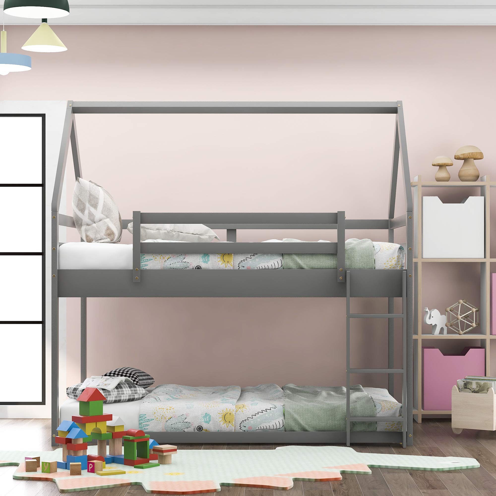 TARTOP House Shaped Bunk Bed Twin Over Twin Size Wood Bunk Bed Frame Low Bunk Beds for Kids and Toddlers, Twin Size,Gray