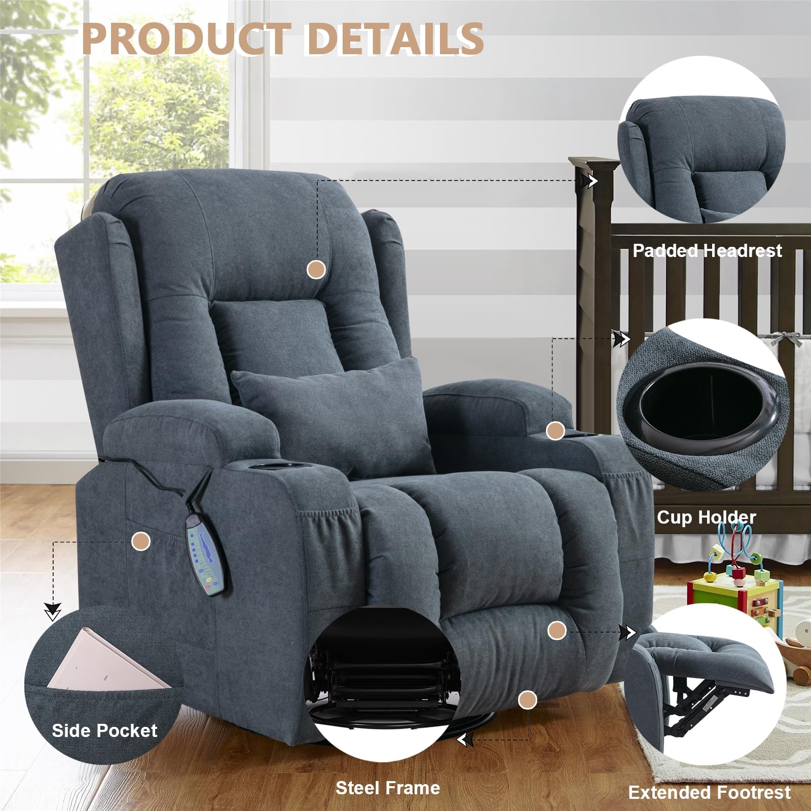 IPKIG Recliner Chair, Massage Swivel Rocker Recliner Chairs with Vibration Massage and Heat, Rocking Function, Side Pocket, 2 Cup Holders, Lumbar Pillow, Ergonomic Lounge Chair for Living Room (Blue)