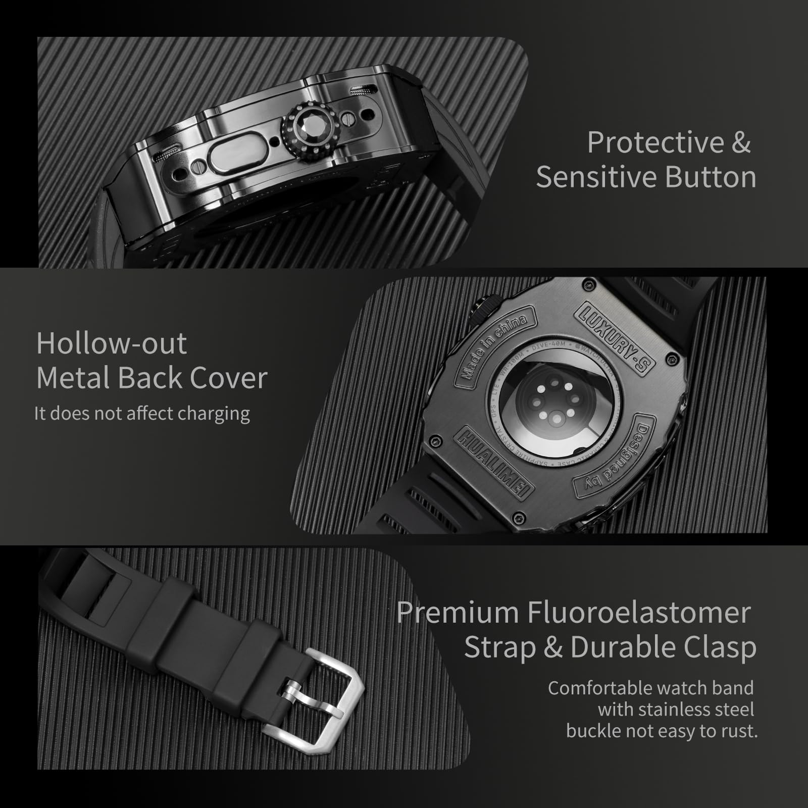 Luxury Case for Apple Watch FKM Band 49mm, Rugged Bumper Metal Cover + Built-in Glass + Fluoroelastomer Strap for Men's Heavy Duty iWatch Series Ultra 2 49mm Protective Case (49mm, Black)