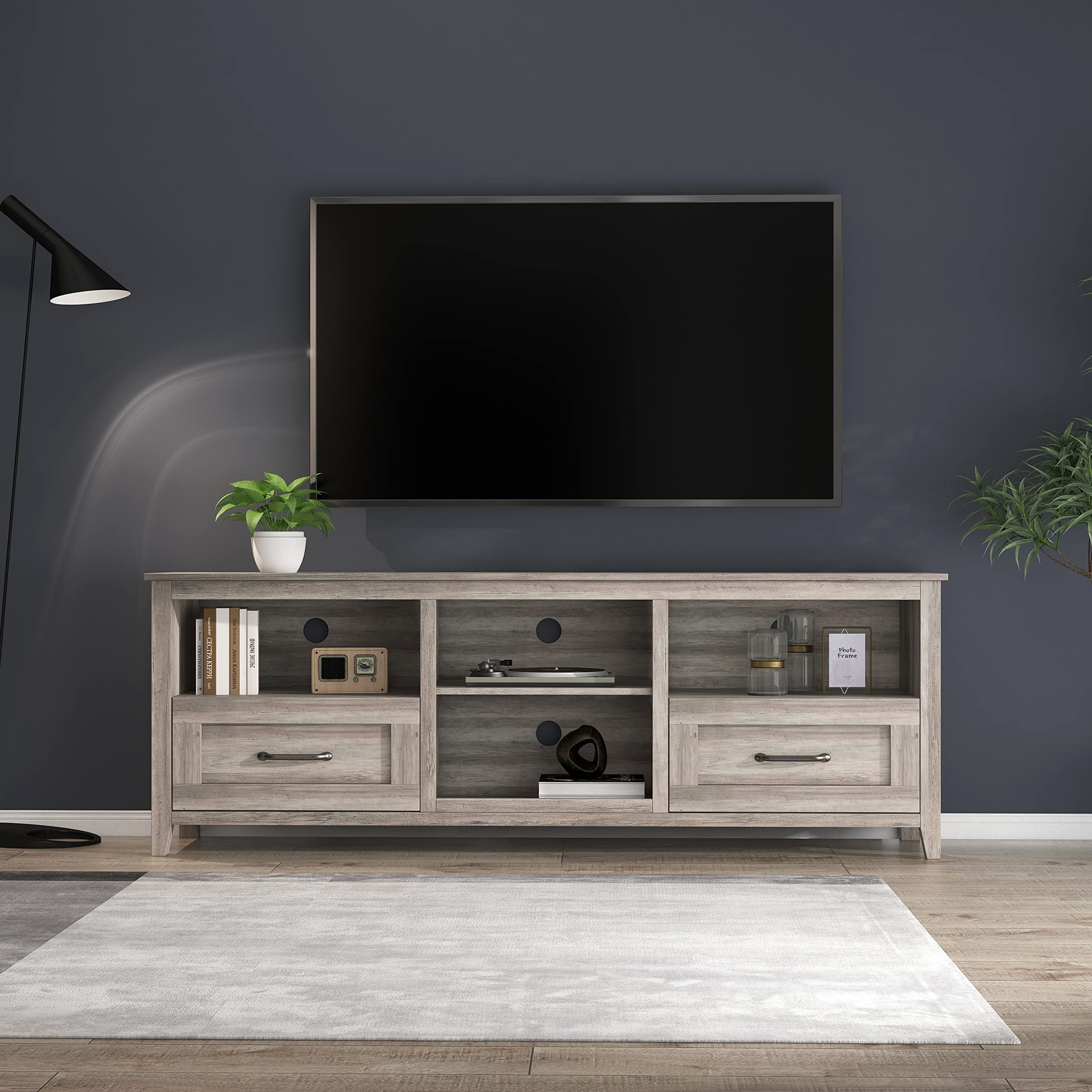 BAMACAR Grey TV Stand for 80 Inch TV, Large tv Stands 70-80 Entertainment Center with Storage, Grey TV Stand for 80 75+ 75 70 65+ 65 Inch TV Stands for Living Room, 80 Inch TV Stand 80 Inch TV Table